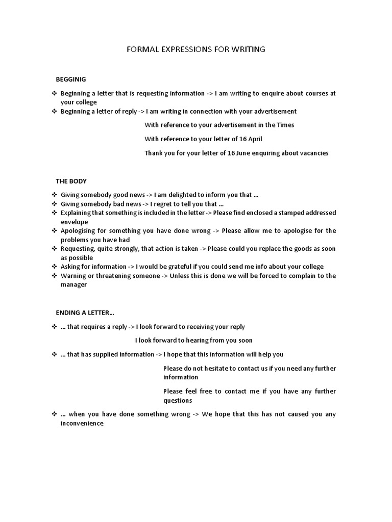 Formal Letter Writing Expressions Guide | PDF