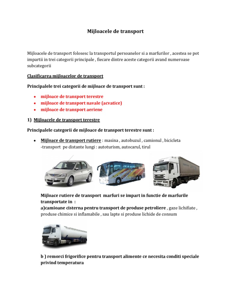 Clasificarea Mijloacelor de Transport PDF | PDF