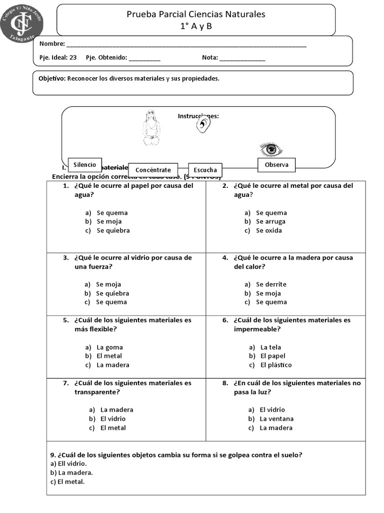 Prueba de Los Materiales Primero A y B | PDF | Rieles | Lentes