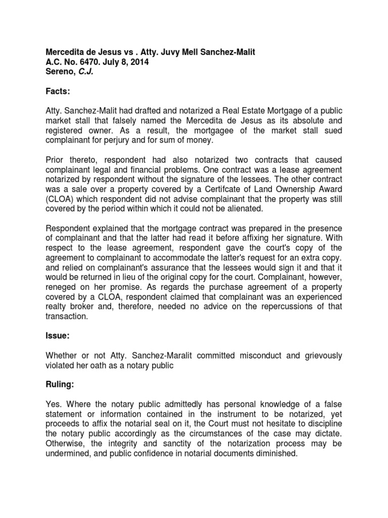 Mercedita de Jesus - Atty. Juvy Mell Sanchez-Malit A.C. No. 6470. July ...