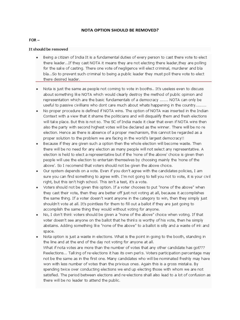 Nota Option Should Be Removed | PDF | Voting | Elections