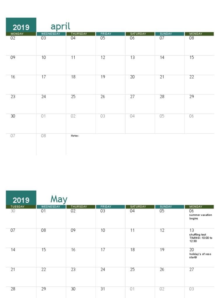 April: Monday Wednesday Thursday Friday Saturday Sunday Monday | PDF