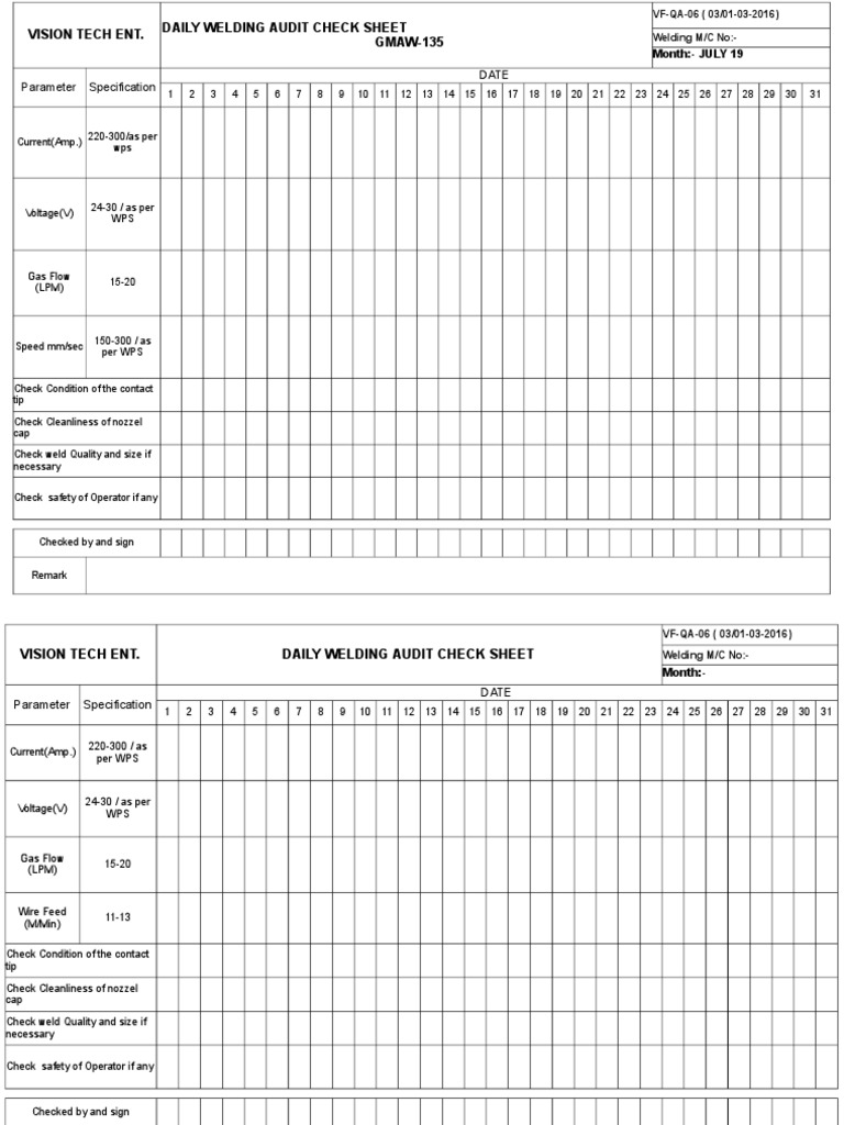Daily Welding Audit Checklist | PDF