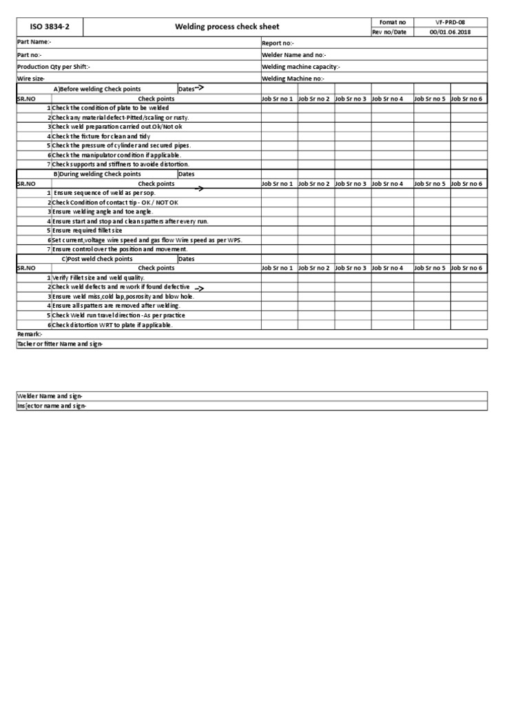 Welding Process Check Sheet | PDF | Electric Heating | Welding