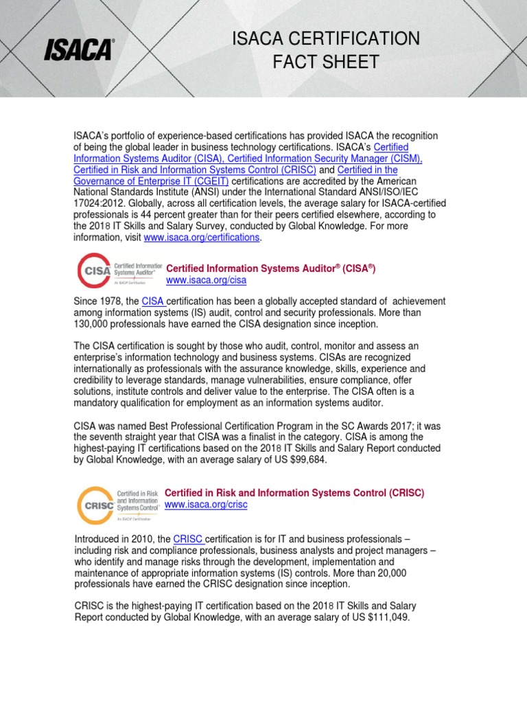 ISACA Fact Sheet | Download Free PDF | Professional Certification ...