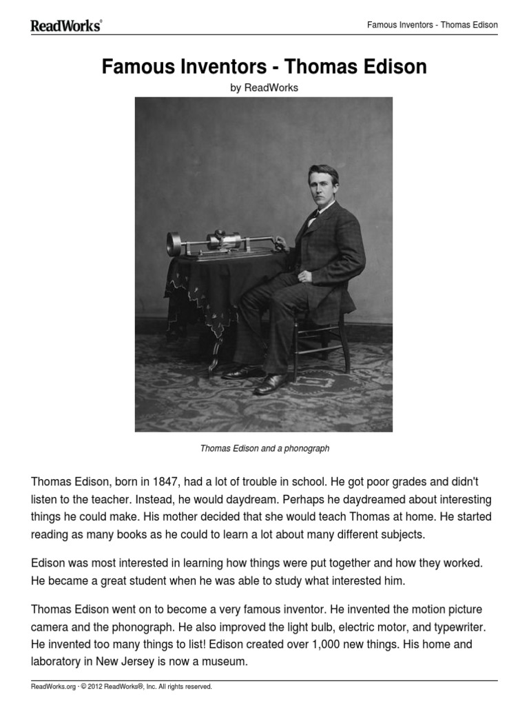 Famous Inventors - Thomas Edison | PDF | Thomas Edison | Reading ...