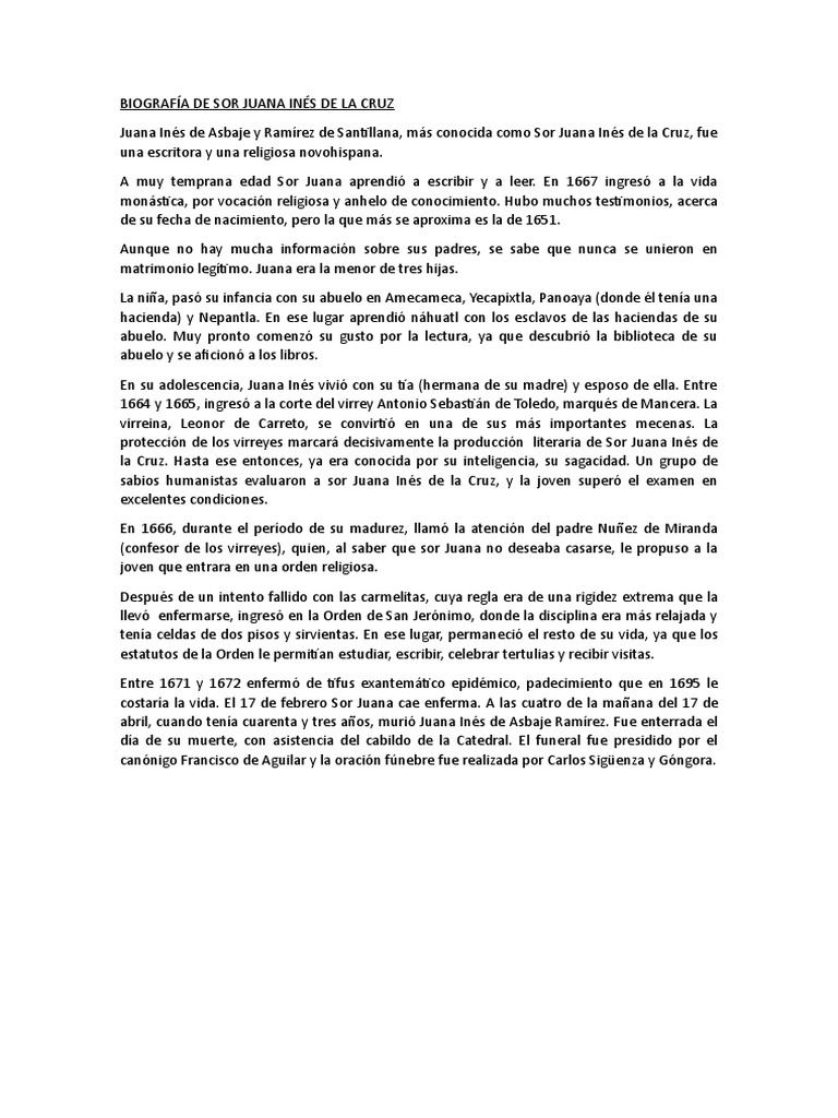 Biografia de Sor Juana Inés de La Cruz | PDF