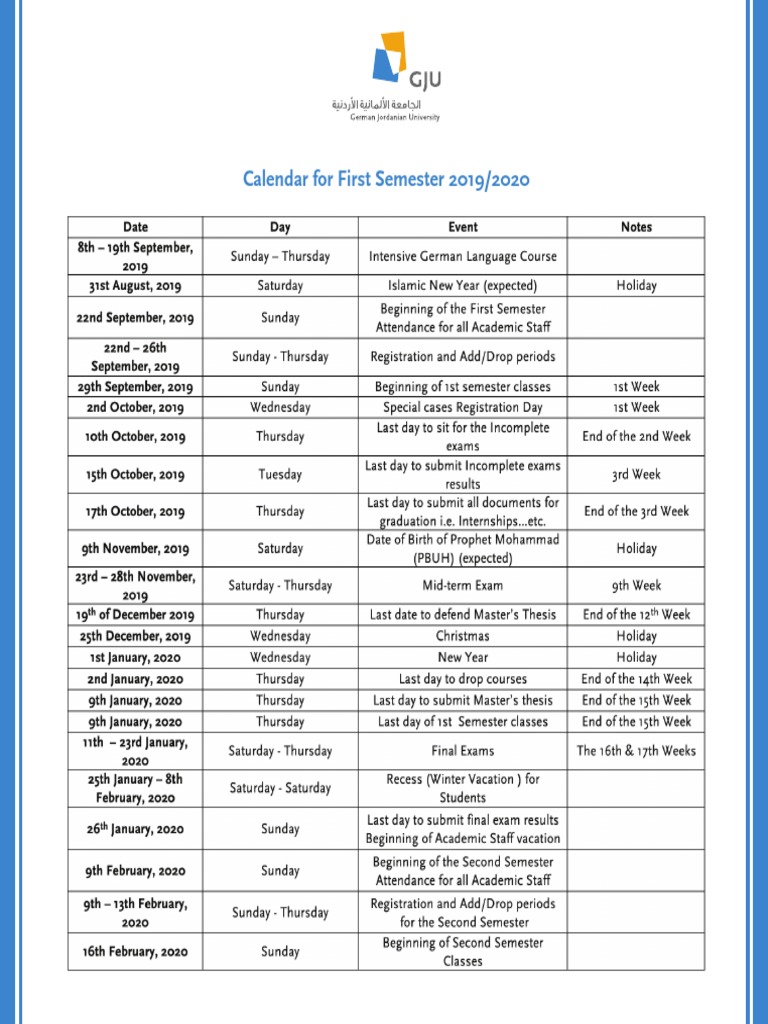 Calendar For First Semester 2019/2020 | PDF