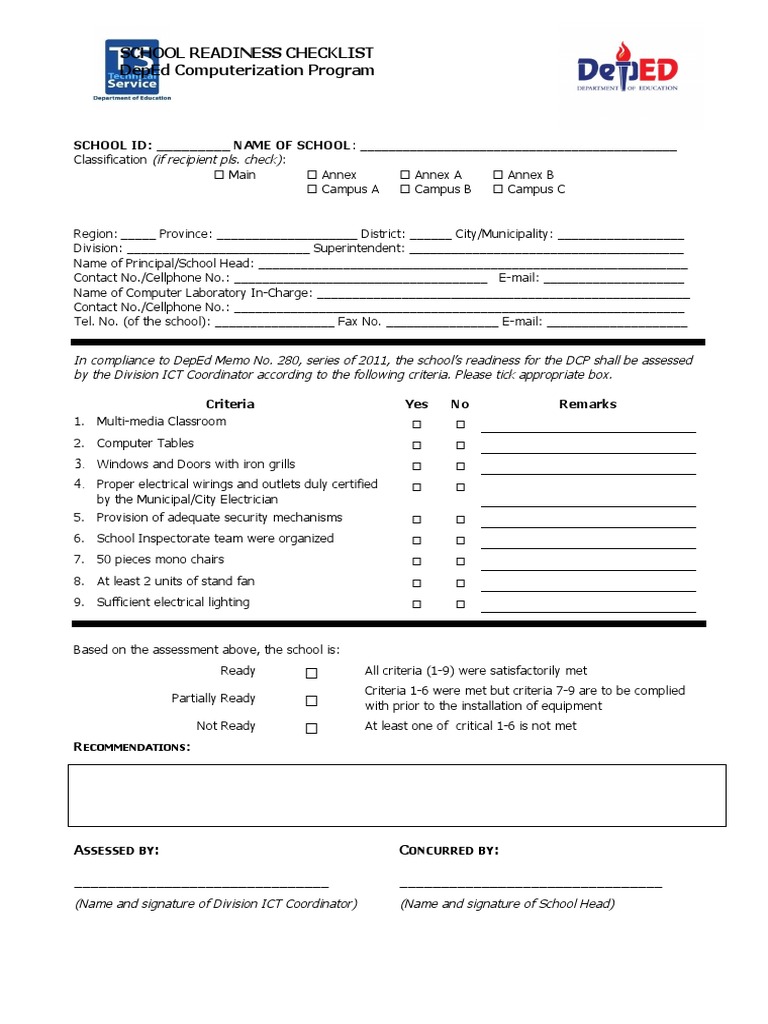 School Readiness Checklist Deped Computerization Program | PDF