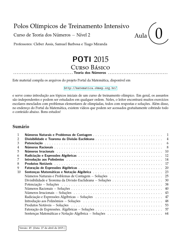 POTI 2015 TeoriadosNumeros Zero | PDF | Números | Fração (Matemática)