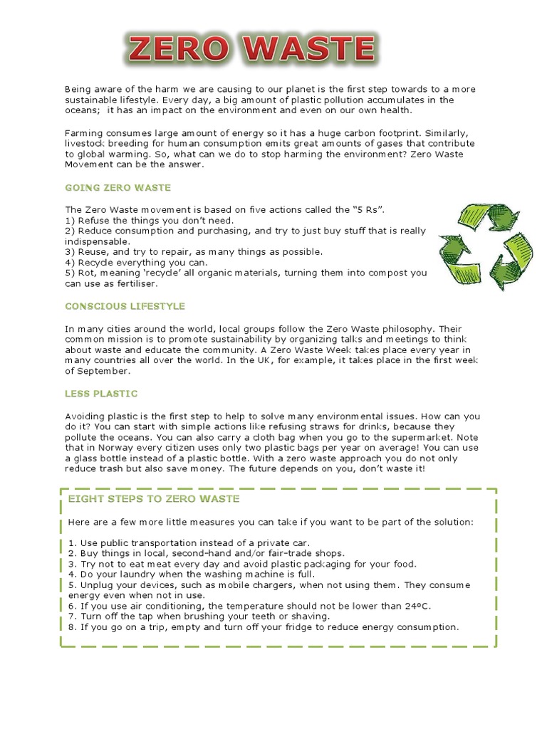Zero Waste Reading Comprehension Exercises 117883 | Sustainability | Waste