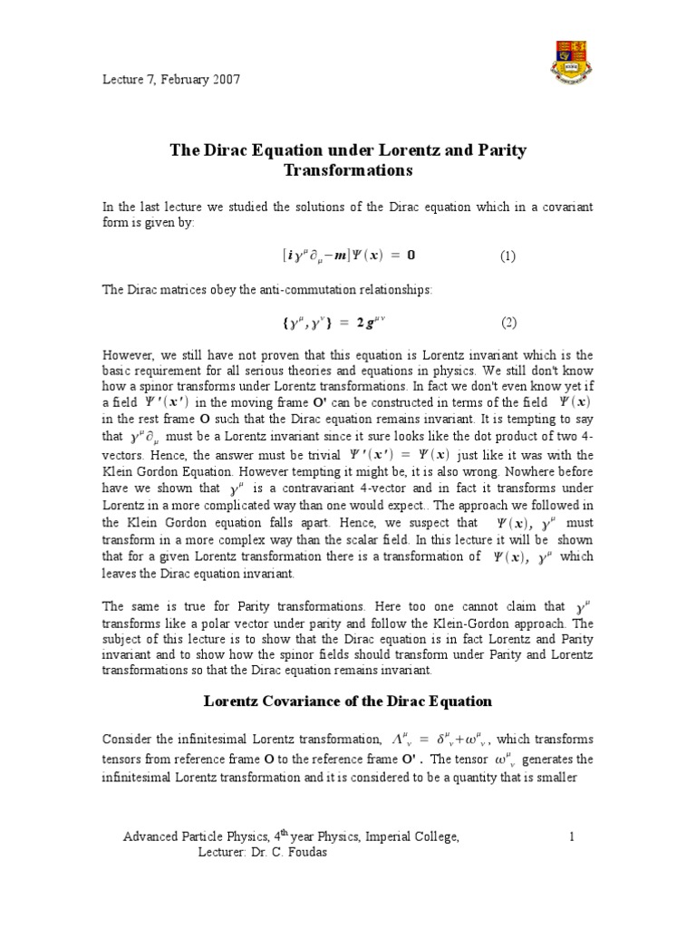 Lecture7 Dirac Covariance Parity | PDF | Spin (Physics) | Differential Geometry