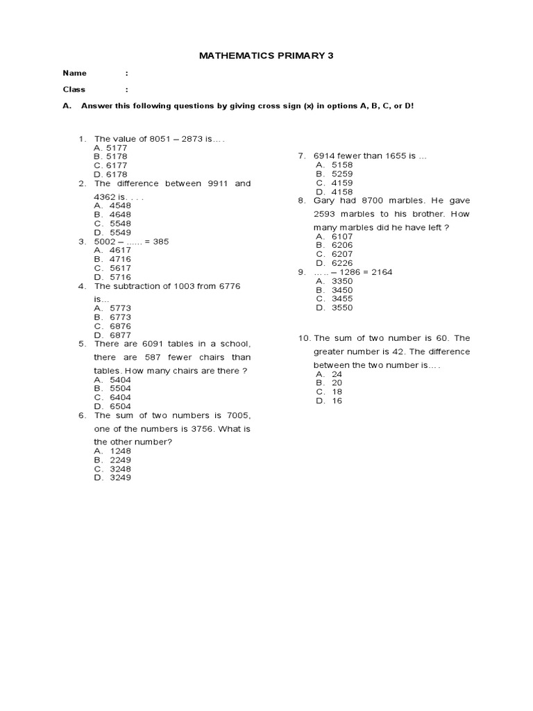 Mathematics Primary 3 | PDF | Subtraction | Numbers