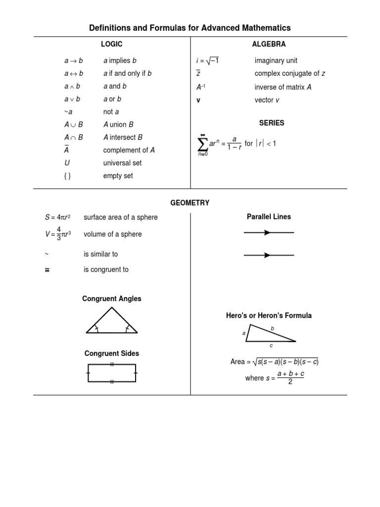 Definitions and Formulas For Advanced Mathematics: A A Z A A A V | PDF ...