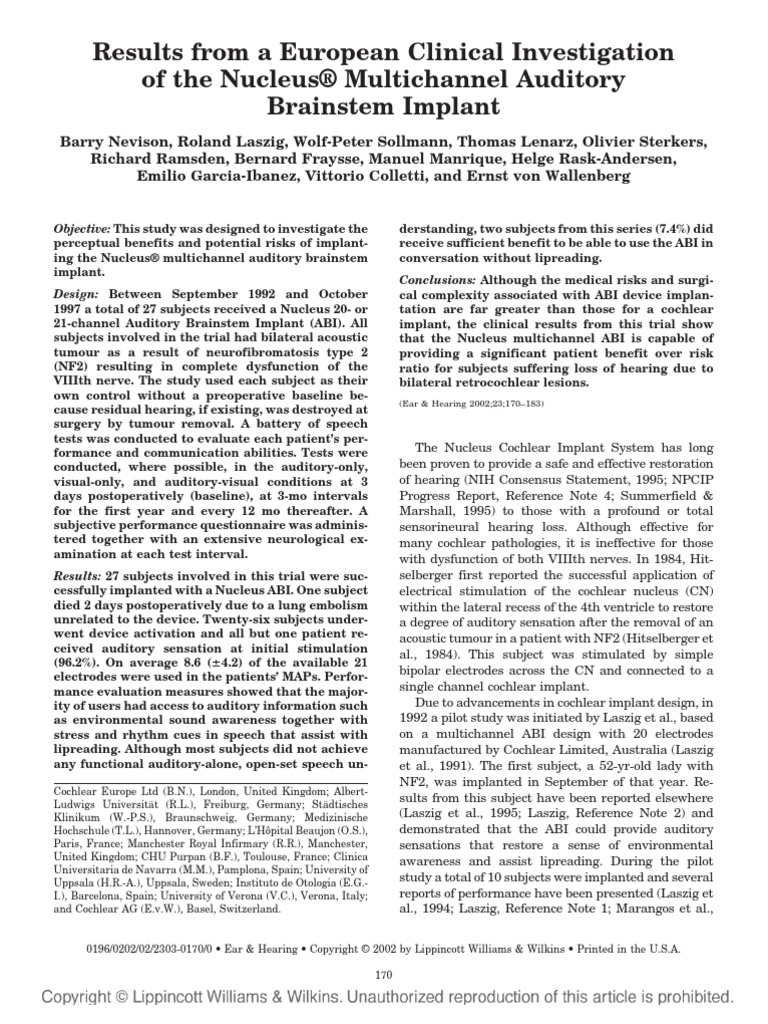 Results From A European Clinical Investigation of The Nucleus ...