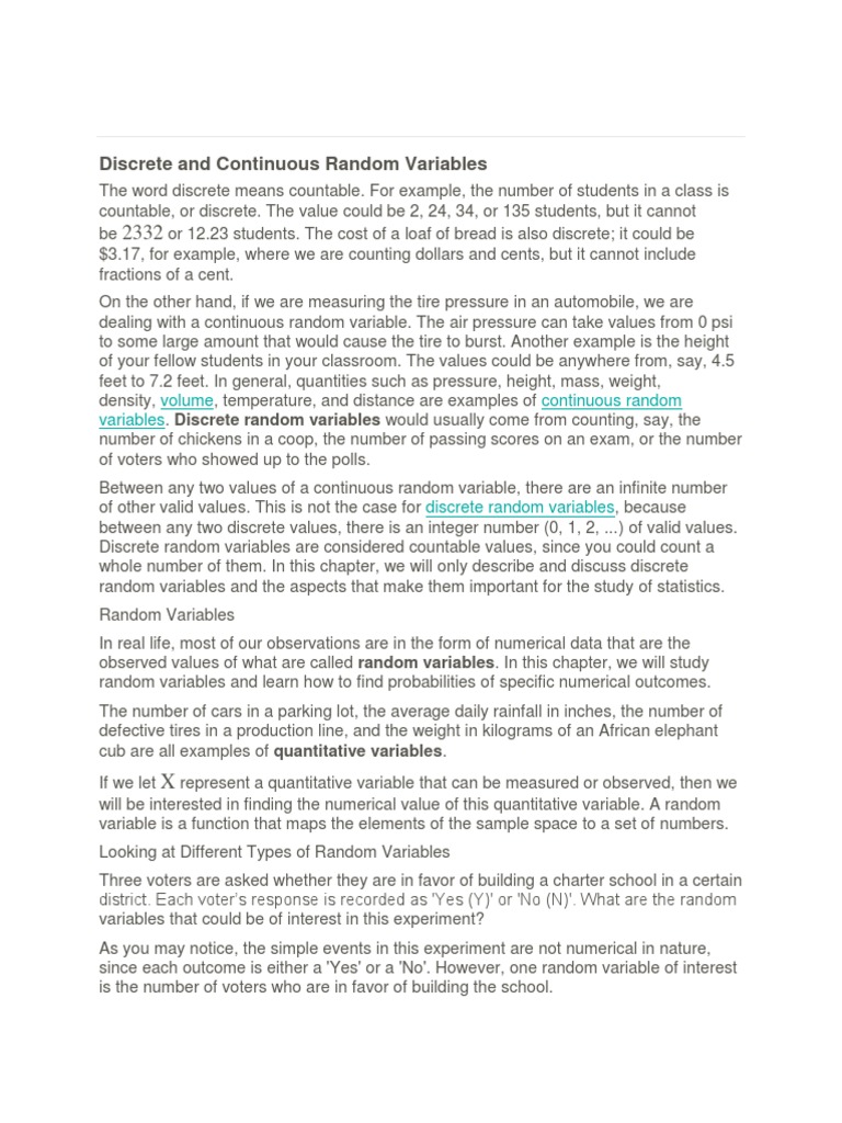 Discrete and Continuous Random Variables | PDF | Probability Distribution | Random Variable
