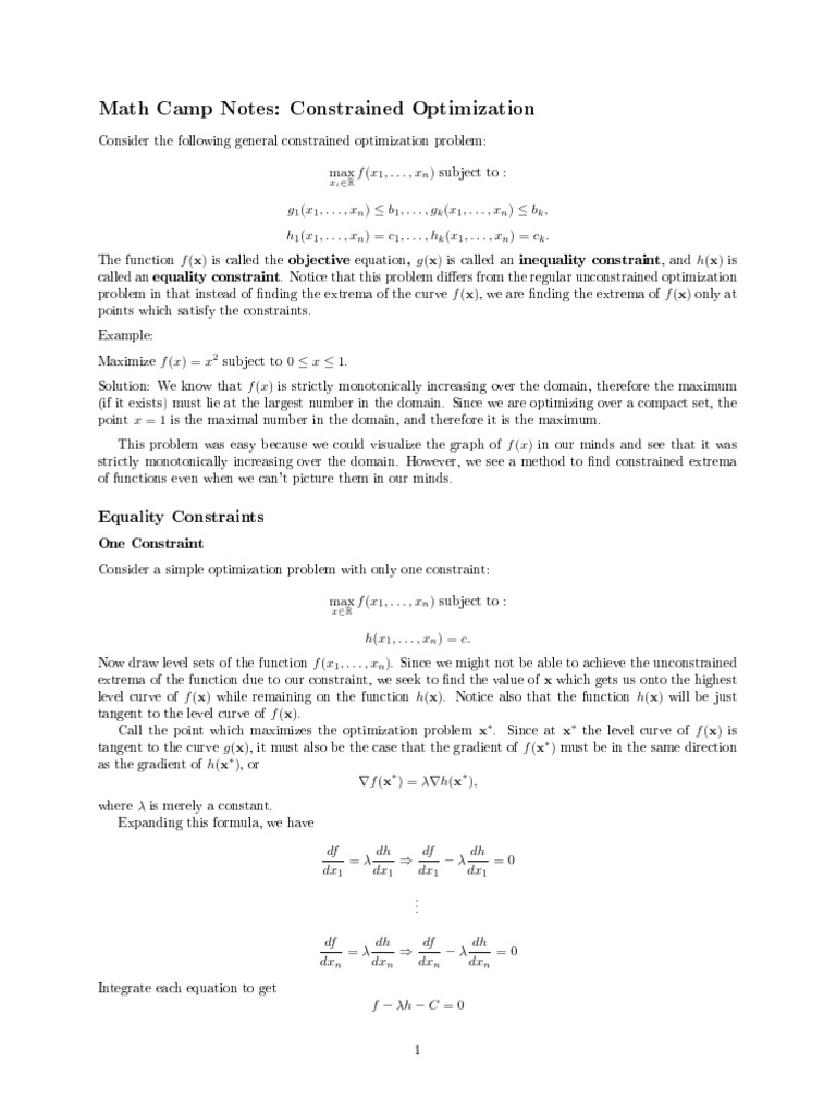 Math Camp Notes: Constrained Optimization: Equality Constraints | PDF ...