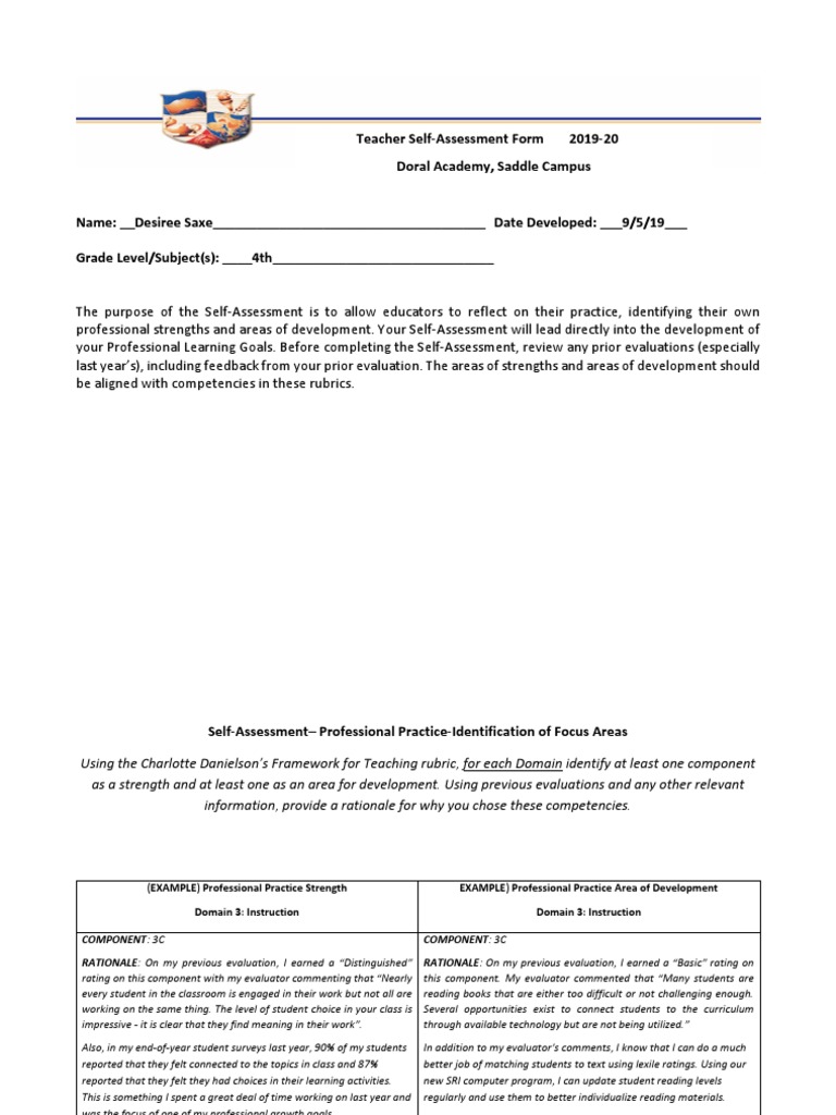 Saxe Self Assessment 2019-2020 | PDF | Rubric (Academic) | Pedagogy