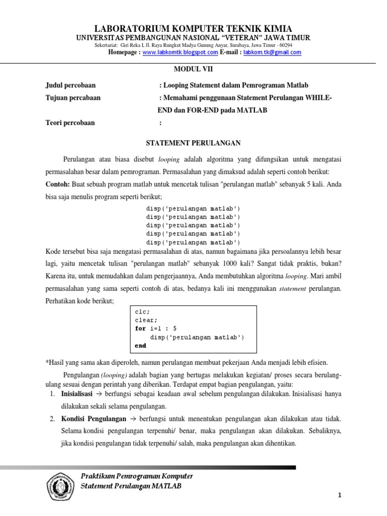 MODUL 7 Prokom. Statement Perulangan Pada Matlab | PDF