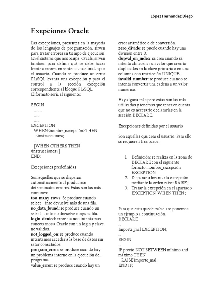 Excepciones Oracle | PDF | Pl / Sql | Ingeniería de software