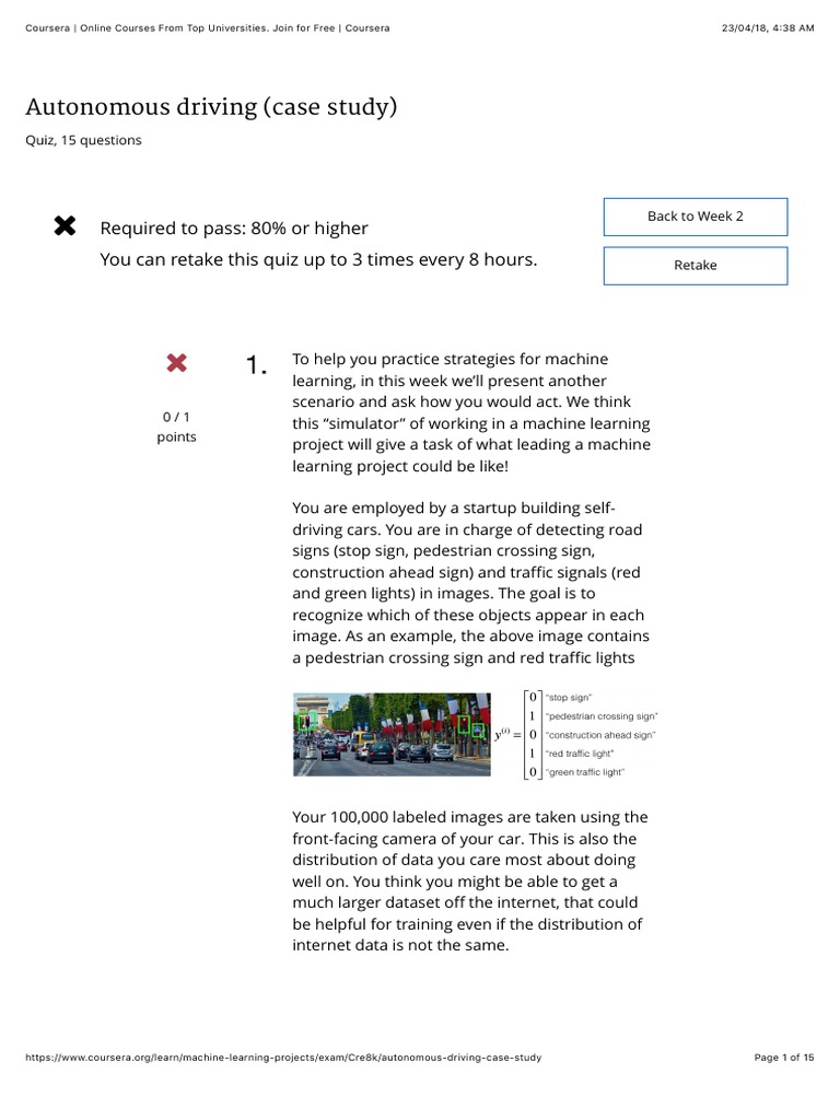 Autonomous Driving (Case Study) : Required To Pass: 80% or Higher You ...