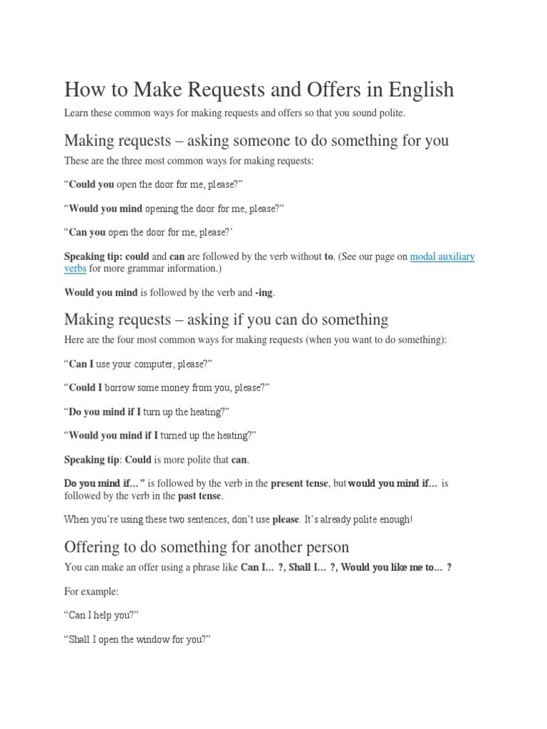 How To Make Requests and Offers in English | PDF | Grammatical Tense | Verb