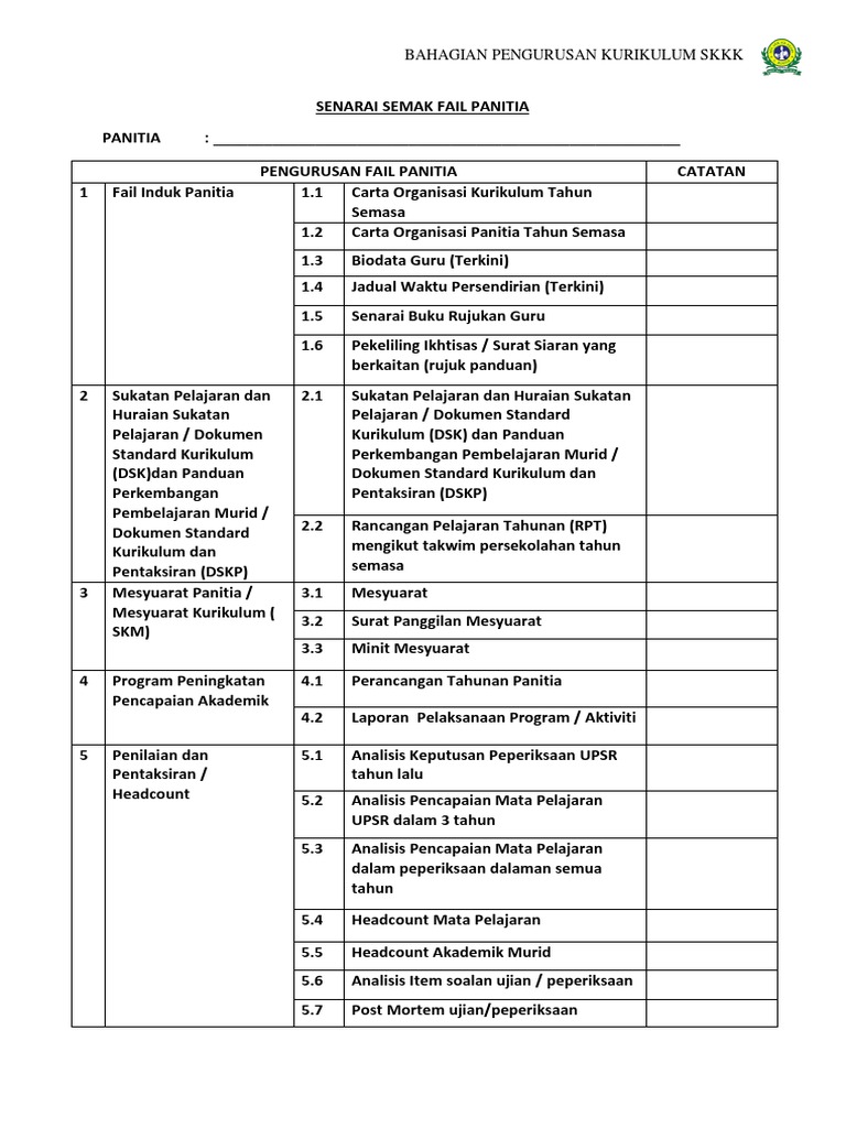 Senarai Semak Fail Panitia TMK | PDF