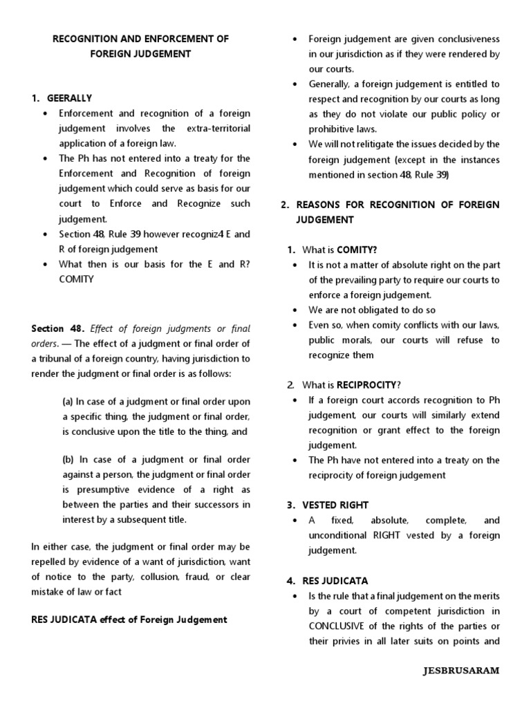Recognition and Enforcement of Foreign Judgement | PDF | Comity ...