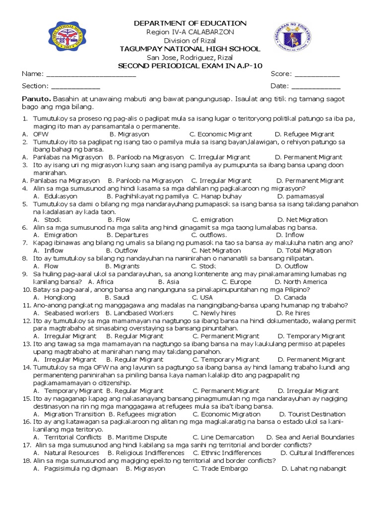 2nd Periodical Exam 2019 | PDF
