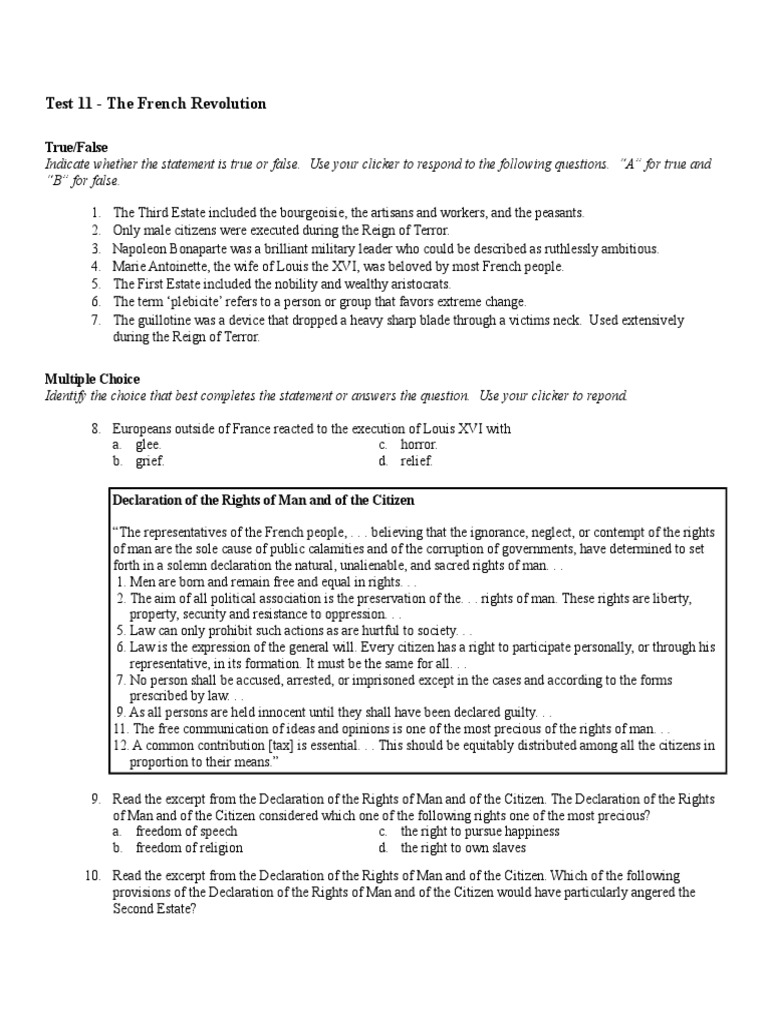 Test French Revolution | PDF | Napoleon | French Revolution