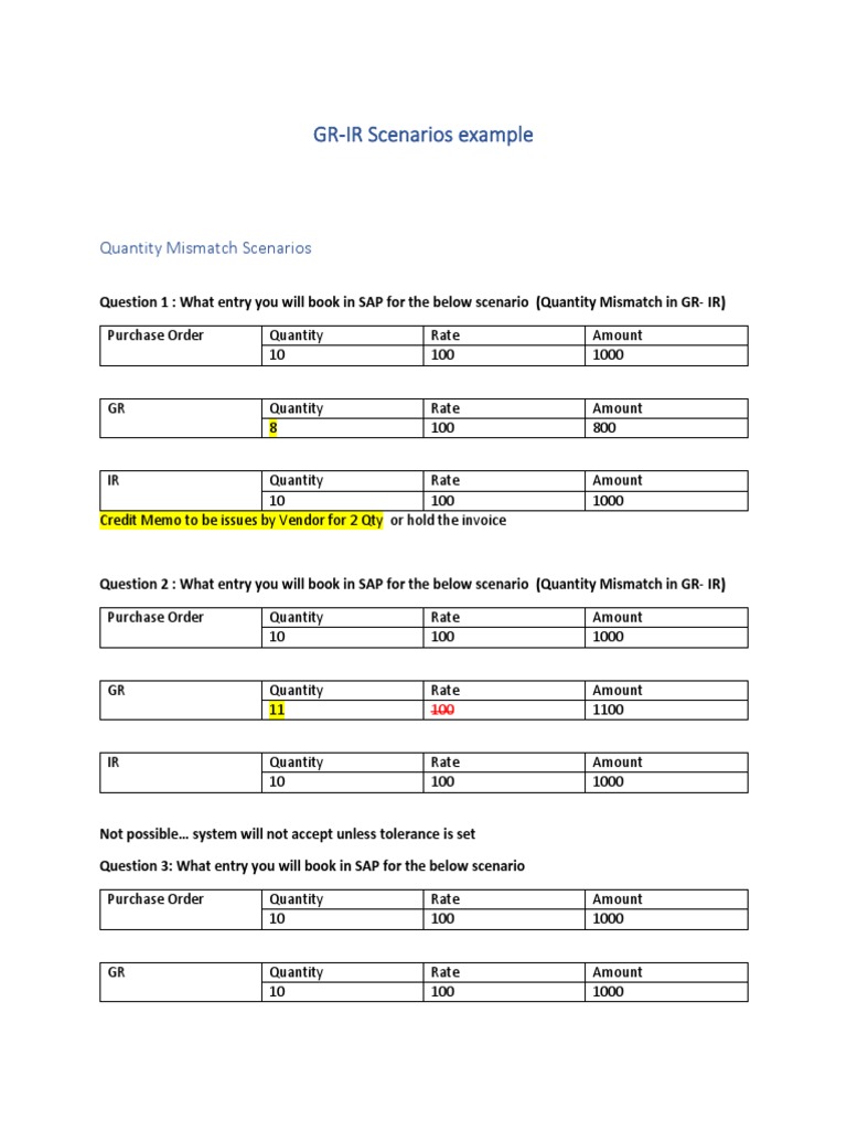 GR-IR Scenarios Example | PDF | Business Documents | Accounting