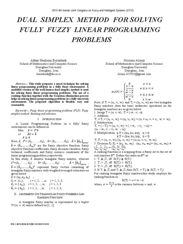 Dual Simplex Method For Solving Fully Fuzzy Linear Programming Problems Pdf Mathematics Of