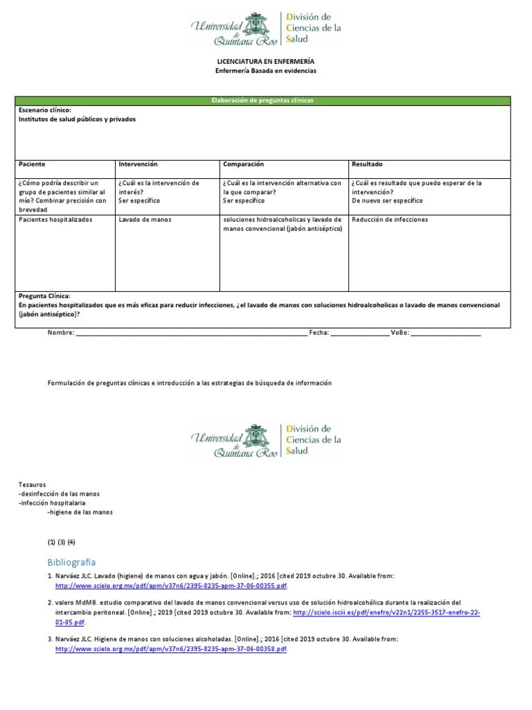 Formato PICO Pregunta Final | Lavado de manos | Seguridad del paciente
