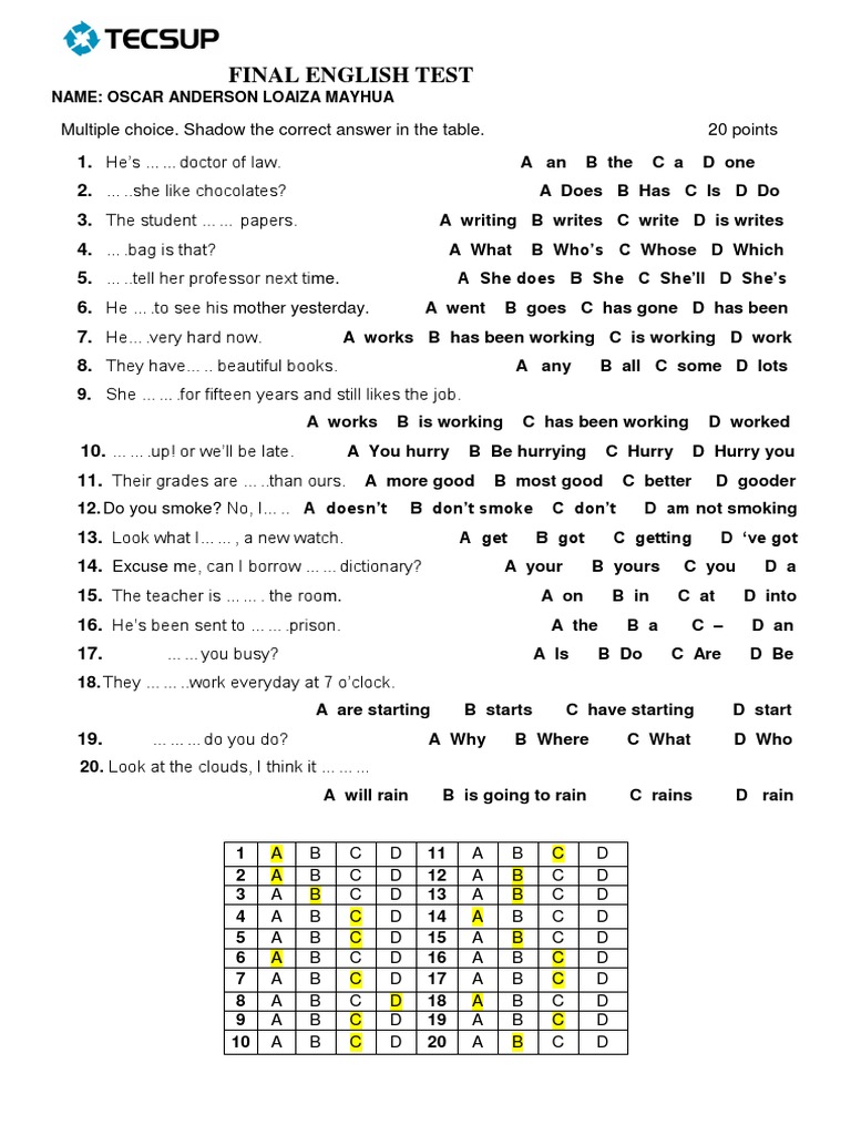 Final English Test: Name: Oscar Anderson Loaiza Mayhua | PDF ...