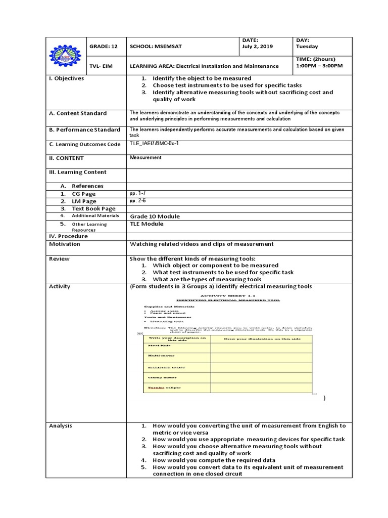 GRADE: 12 School: Msemsat Date: July 2, 2019 Day: Tuesday TIME: (2hours ...