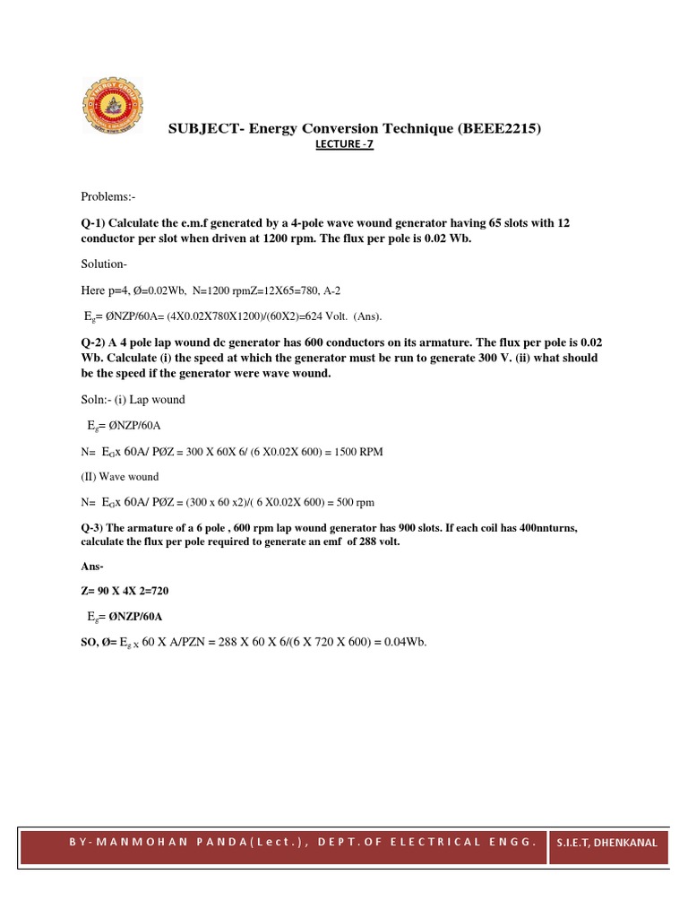 L-7 Solved Numericals On DC Generator - 1 | PDF