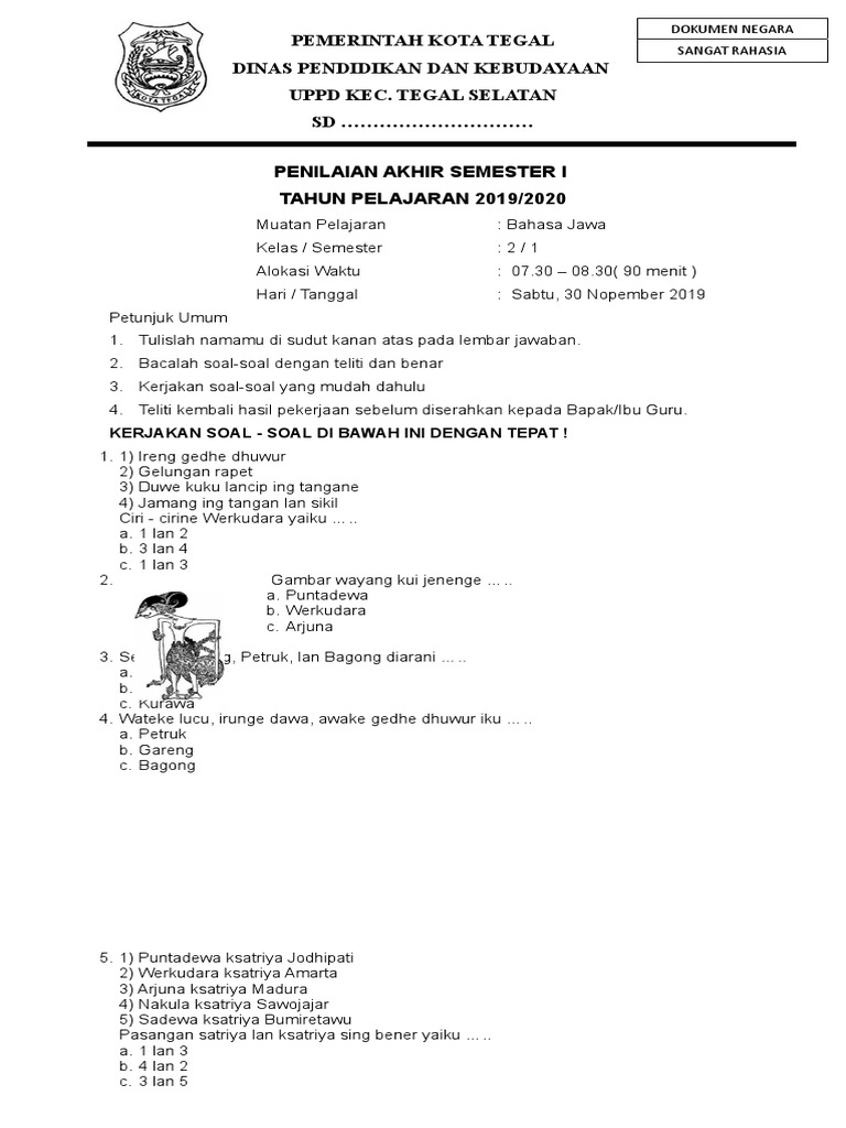 Contoh Soal Pas Bhs Jawa Kelas 2 SMT 1 | PDF | Seni