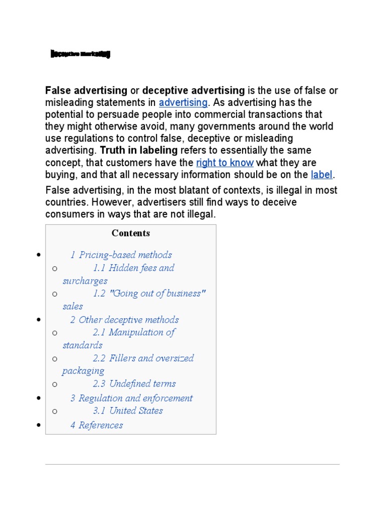 False Advertising or Deceptive Advertising Is The Use of False or | PDF ...