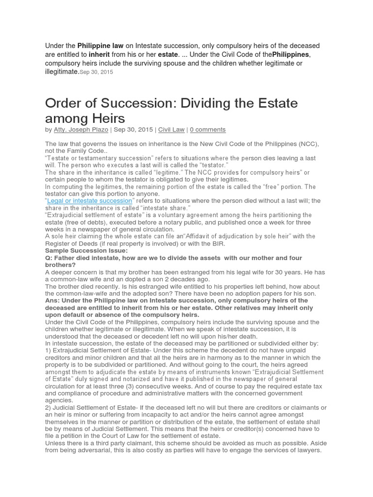 Order of Succession Dividing Estate Amongst Heirs | PDF | Intestacy ...