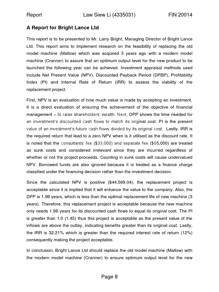 A Report For Bright Lance LTD | PDF | Net Present Value | Internal Rate ...