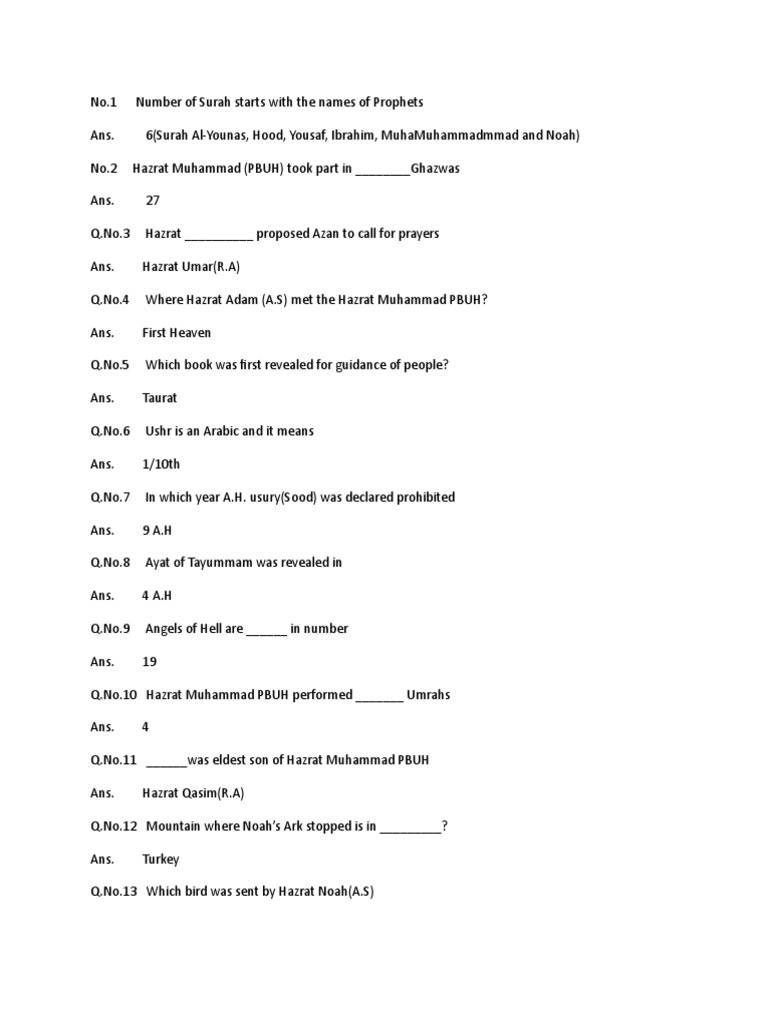 Islamic Quiz on Prophets & History | PDF | Muhammad | Prophets And ...