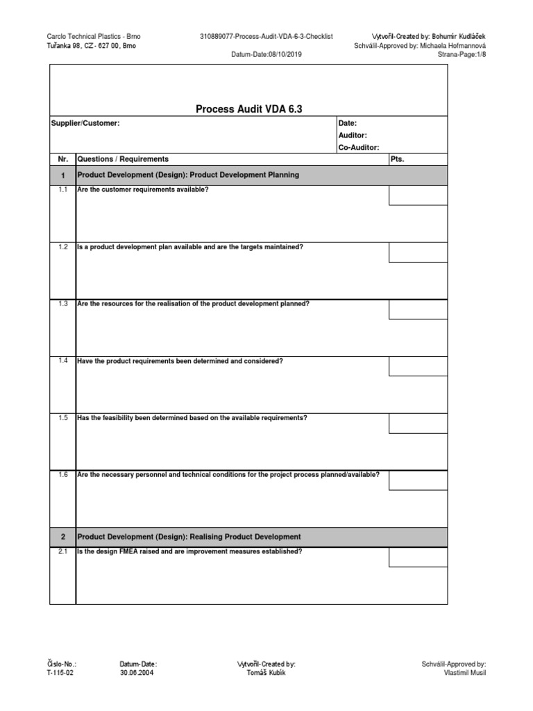 Process Audit VDA 6 3 Checklist | PDF | Business Process | Economies