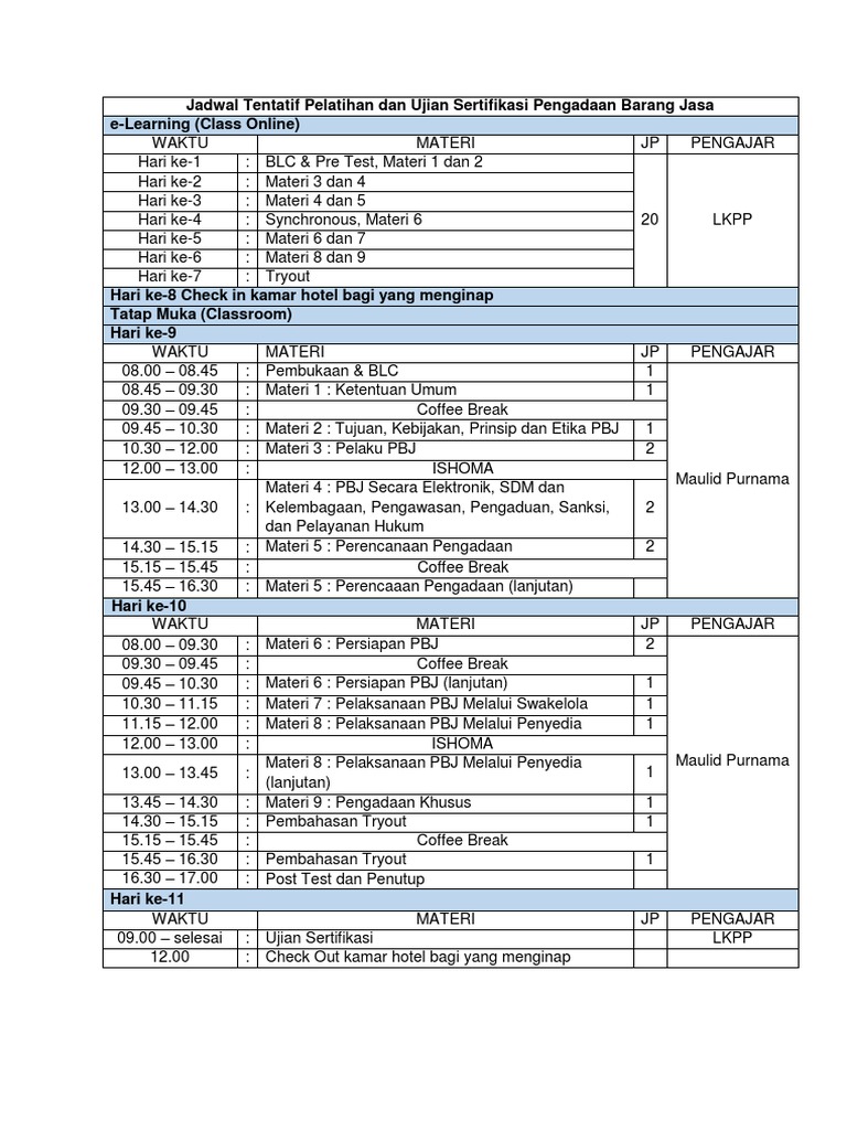 Jadwal Pelatihan Sertifikasi PBJ Online | PDF