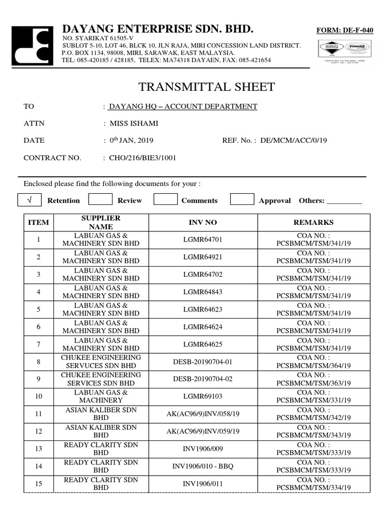 Transmittal Sheet: Dayang Enterprise Sdn. BHD | PDF