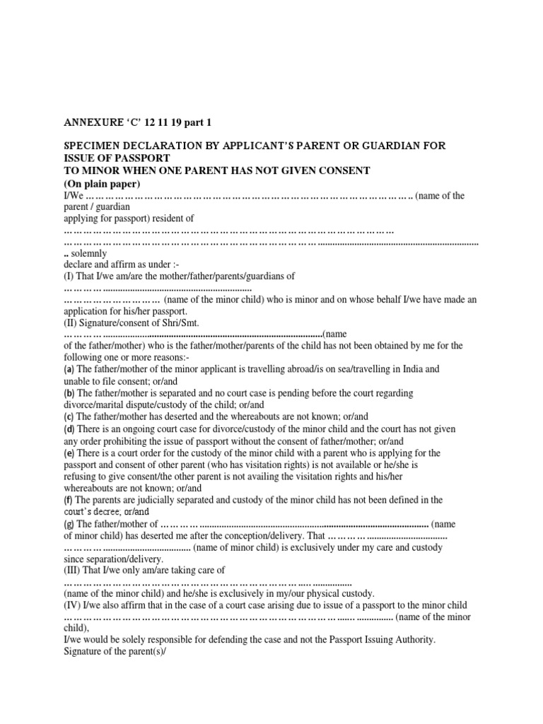 Declaration by Applicant's Parent or Guardian for Issue of Passport to Minor When One Parent Has ...