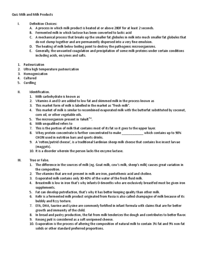 Quiz Milk and Milk Products | PDF | Milk | Food And Drink