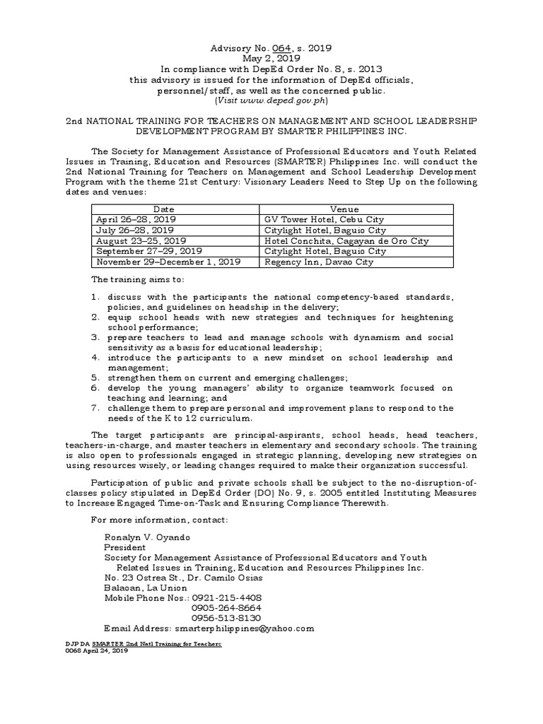 Advisory No. 064, S. 2019 May 2, 2019 in Compliance With Deped Order No ...