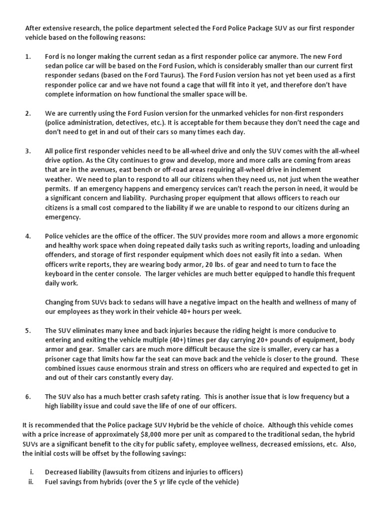 Hybrid SUV Fleet Request Justification 3.5.20 | PDF | Hybrid Vehicle ...
