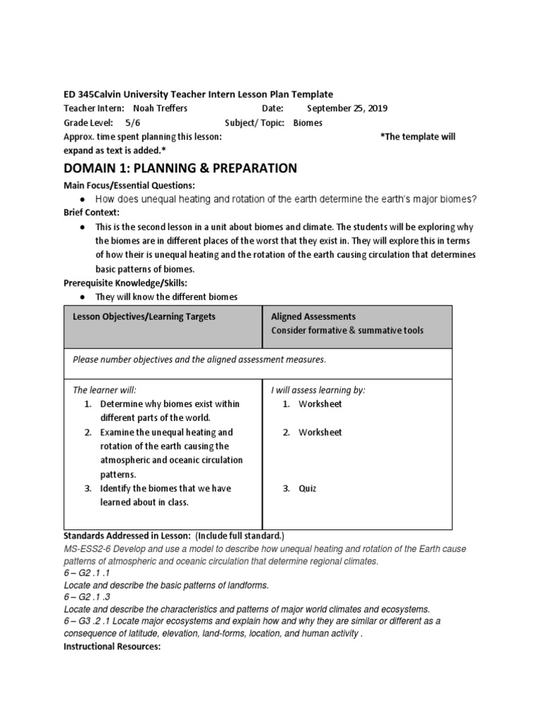 Domain 1: Planning & Preparation: ED 345calvin University Teacher ...