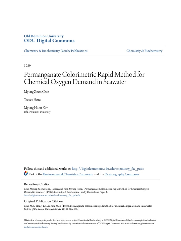 Permanganate Colorimetric Rapid Method For Chemical Oxygen Demand in ...